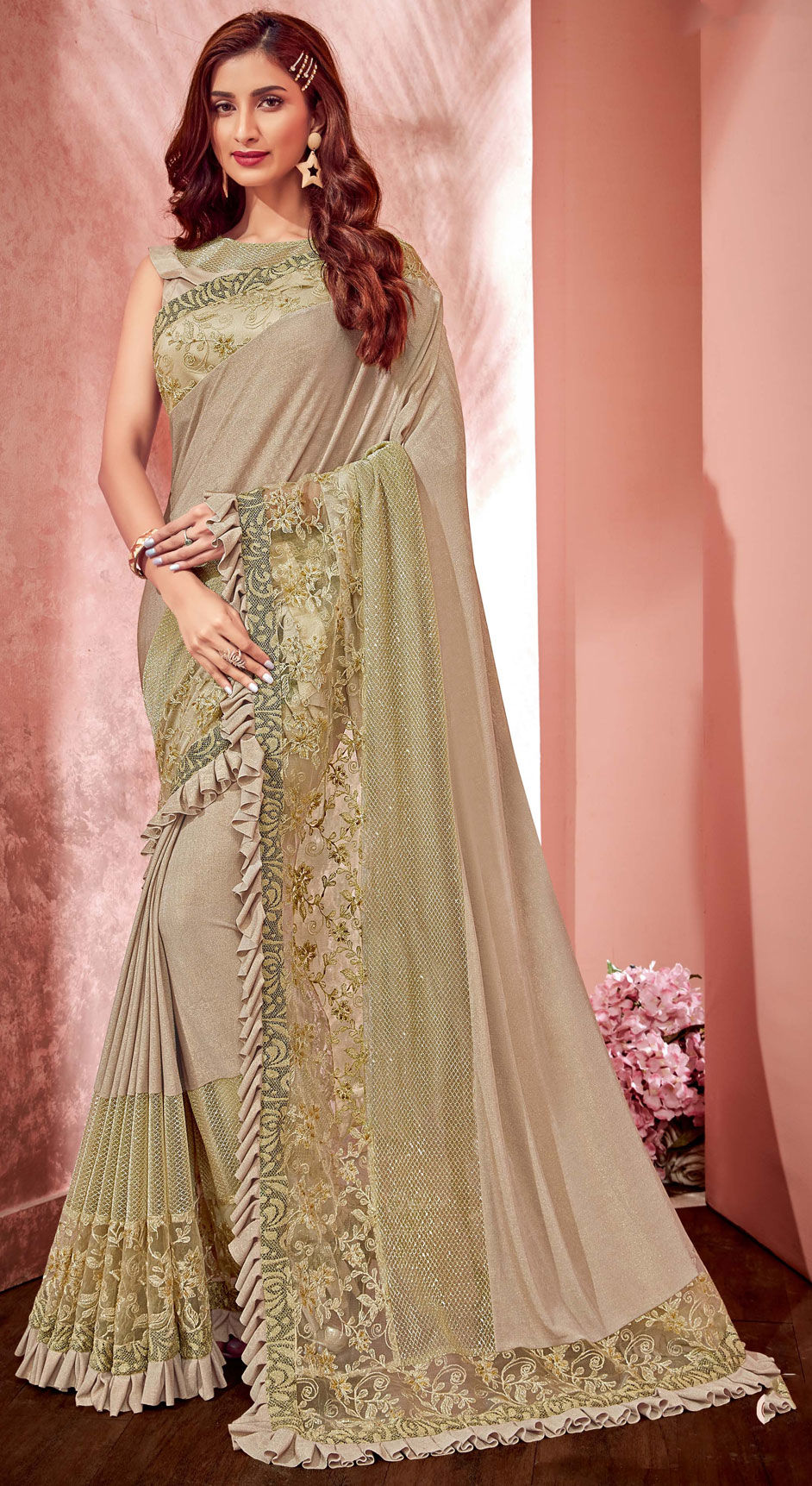 Party Wear, Reception Beige and Brown color Lycra, Net fabric Saree ...