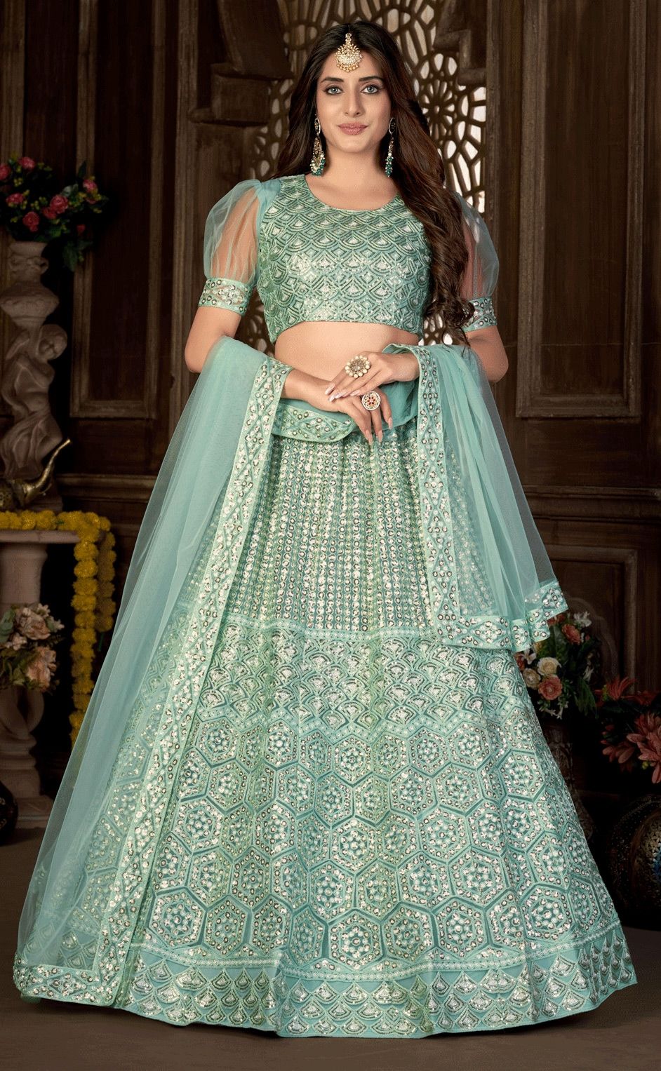 Mehendi Sangeet, Reception, Wedding Blue color Net fabric Lehenga : 1845733