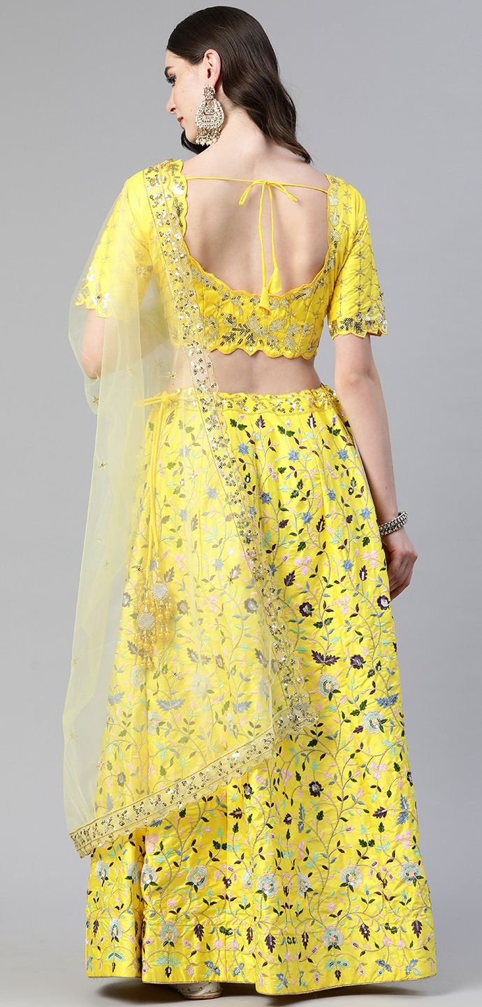 Mehendi Sangeet, Reception Yellow color Satin Silk fabric Lehenga : 1855481