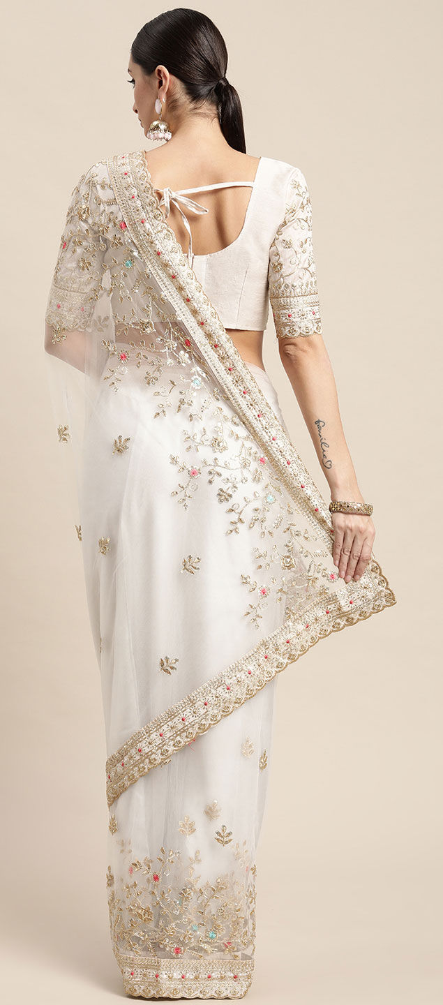 Party Wear, Reception White and Off White color Net fabric Saree : 1879618