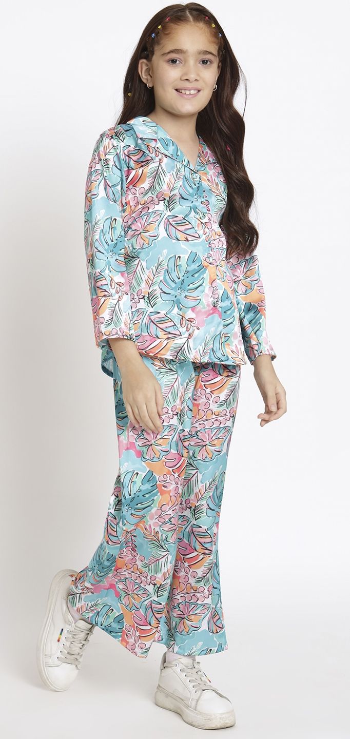 Festive, Summer Blue color Satin Silk fabric Girls Co-ords Set : 1883025