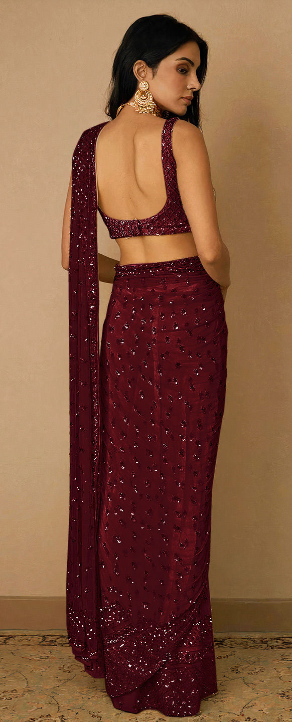 Party Wear, Reception Red and Maroon color Net fabric Saree : 1896498