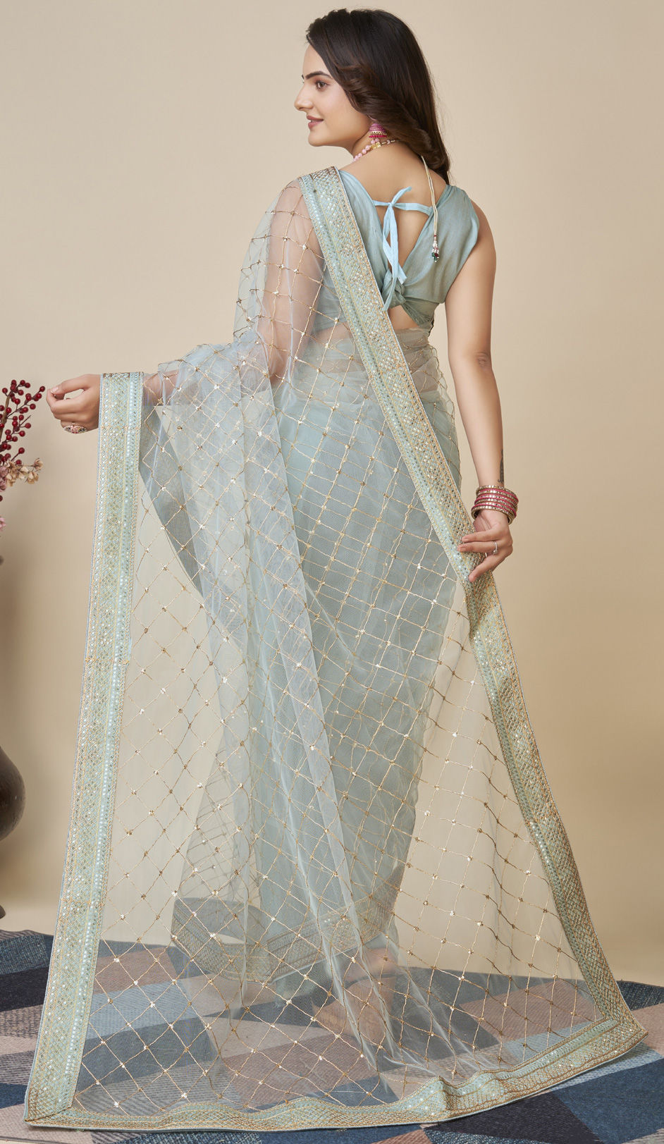 Festive, Reception Blue color Net fabric Saree : 1900045