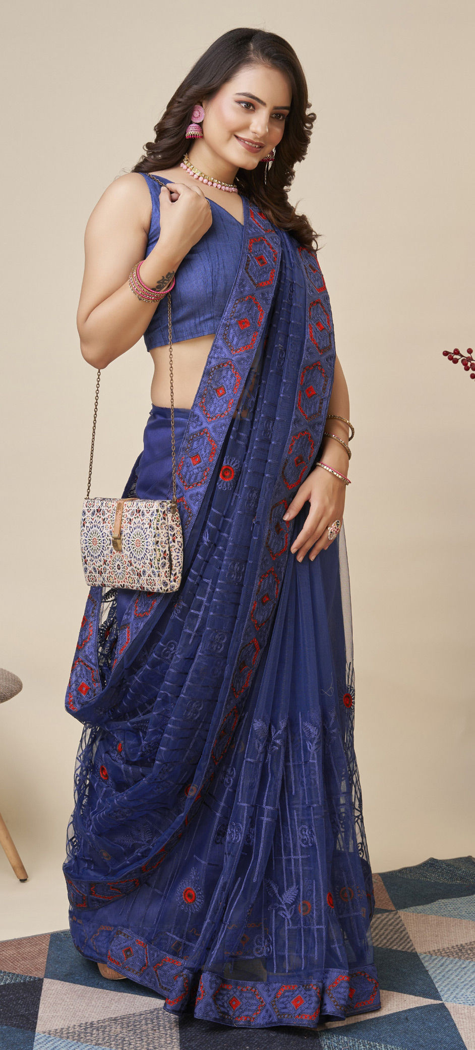 Party Wear, Reception Blue color Net fabric Saree : 1900081