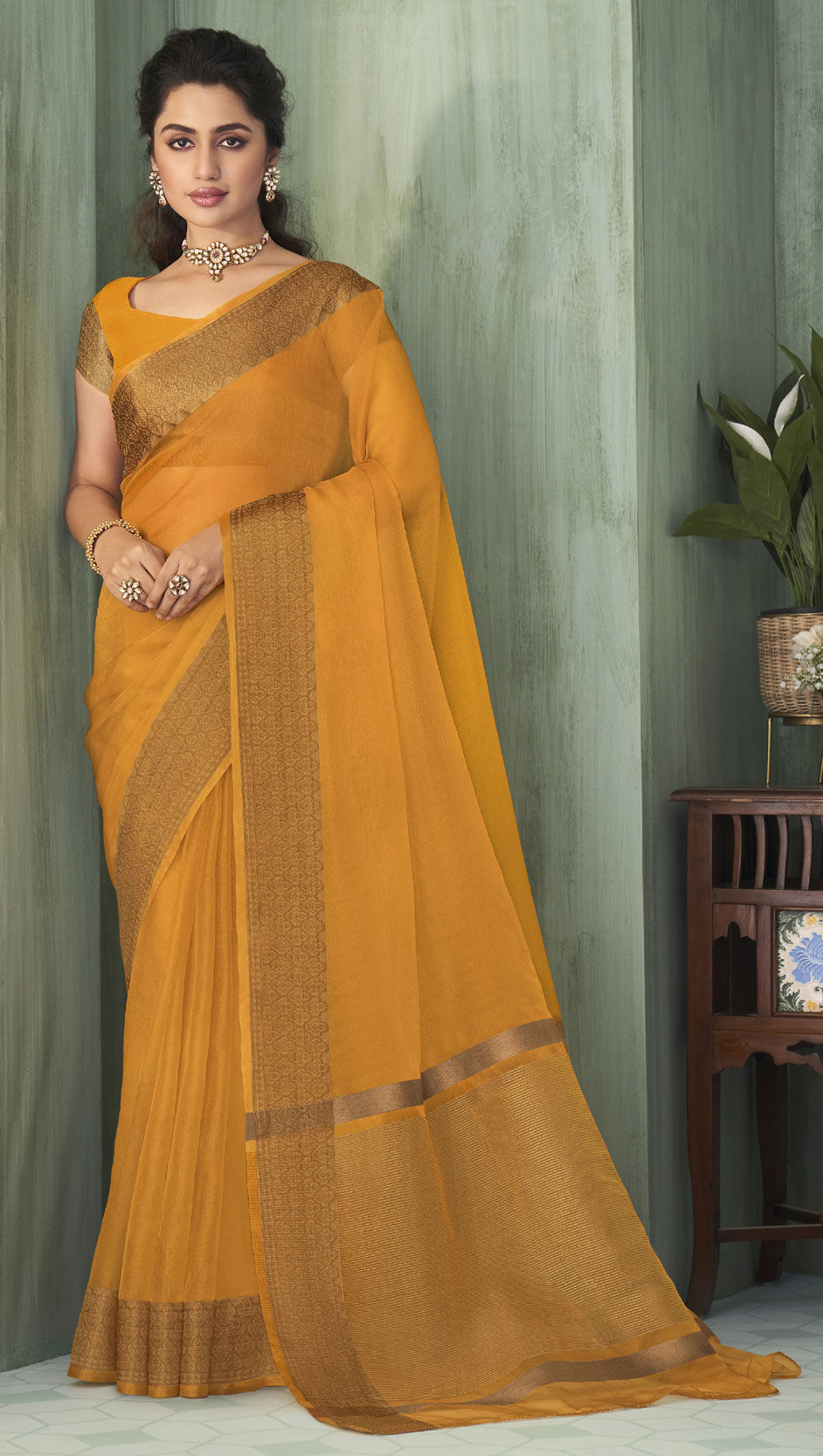 Party Wear, Traditional Yellow color Organza Silk, Silk fabric Saree ...