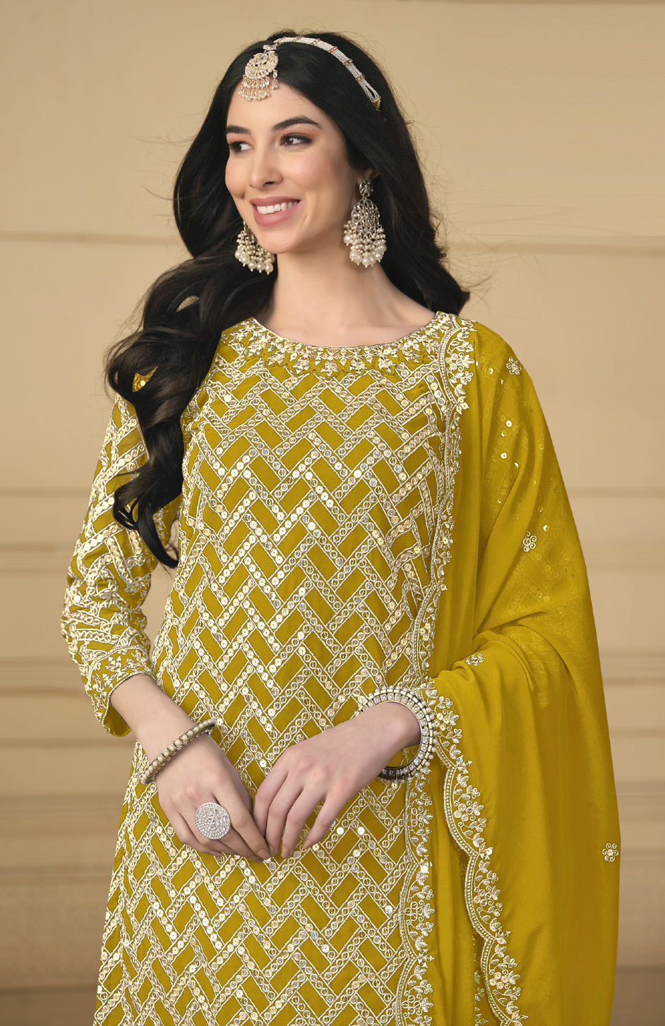 Festive, Party Wear, Reception Yellow color Faux Georgette fabric ...