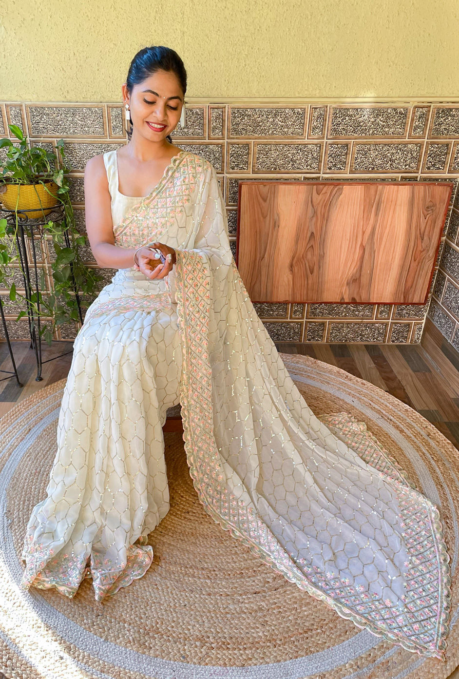 Reception, Wedding White and Off White color Georgette fabric Saree ...