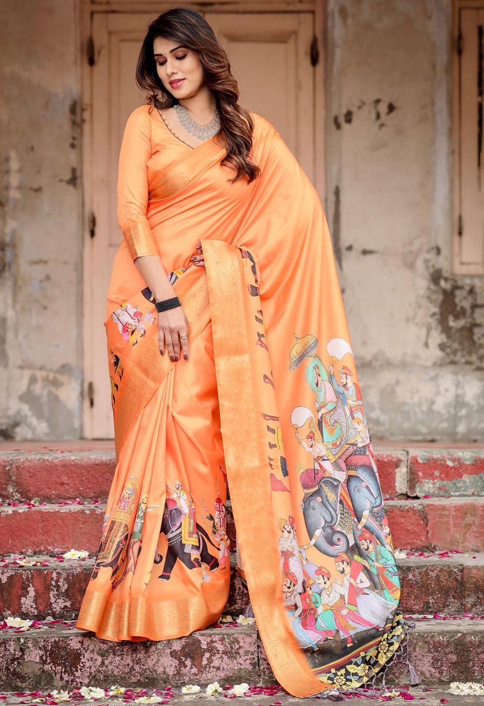 Party Wear, Traditional Orange color Art Silk fabric Saree : 1948120