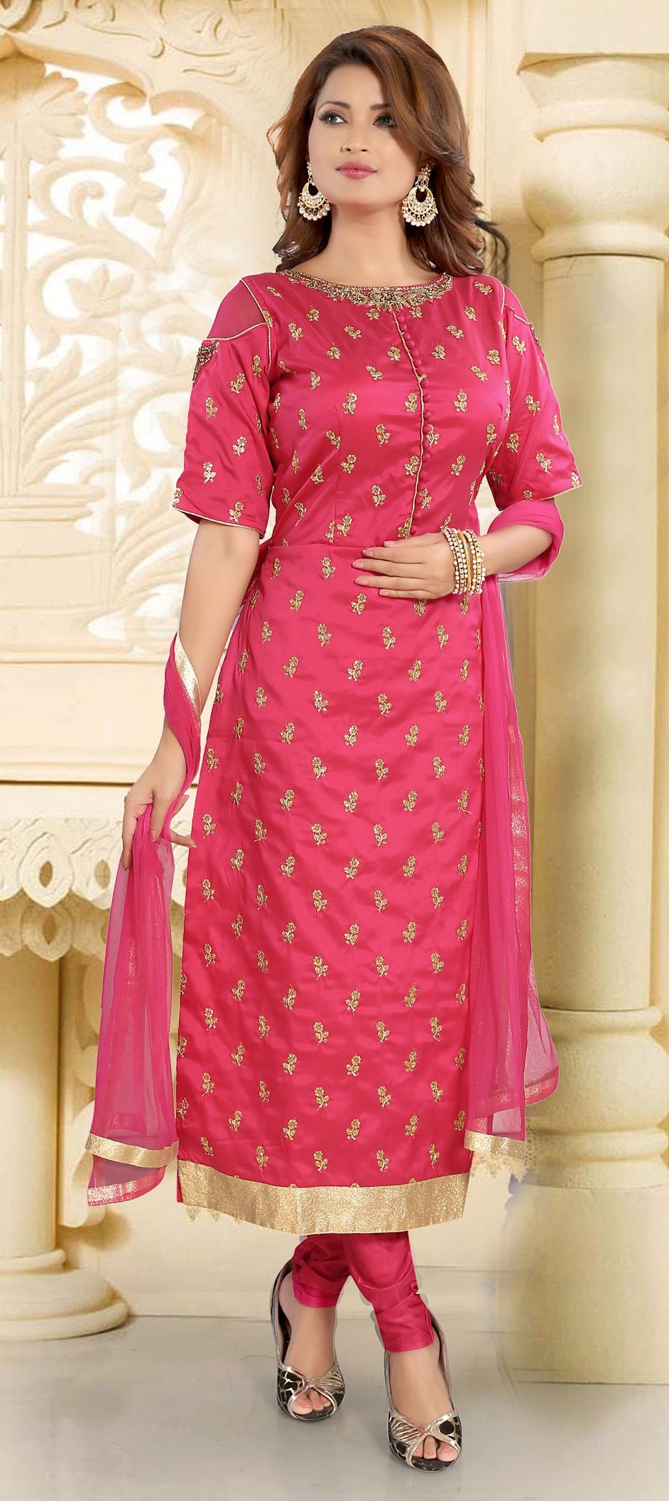 1512406: Casual Pink and Majenta color Taffeta Silk fabric Salwar Kameez