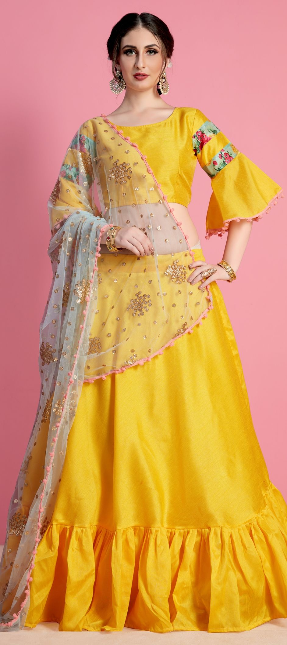 1512455: Wedding Yellow color Semi Velvet fabric Lehenga