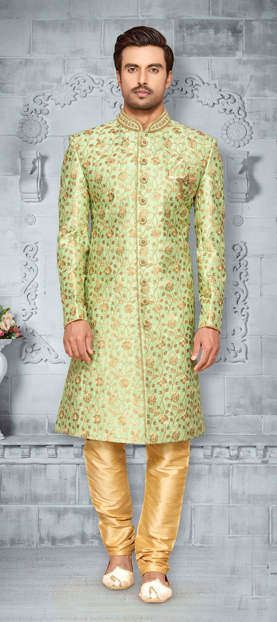 1547448: Green color Mulberry Silk fabric Sherwani