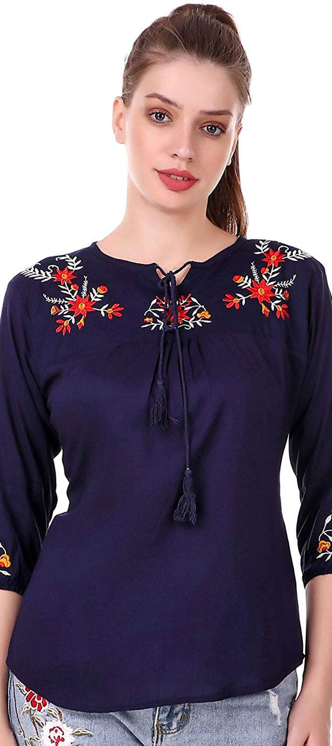 Casual, Summer Blue color Rayon fabric Tops and Shirts : 1581353