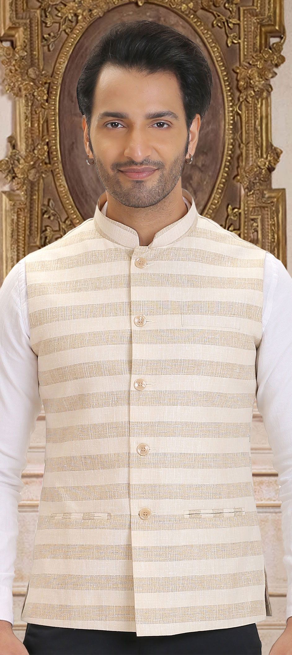 Beige and Brown color Jacquard fabric Nehru Jacket : 1589615