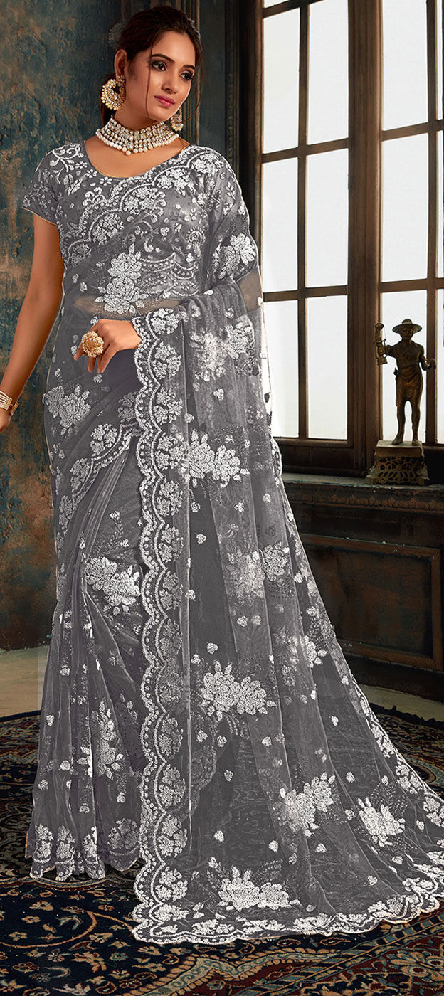 Reception, Wedding Black and Grey color Net fabric Saree : 1651689