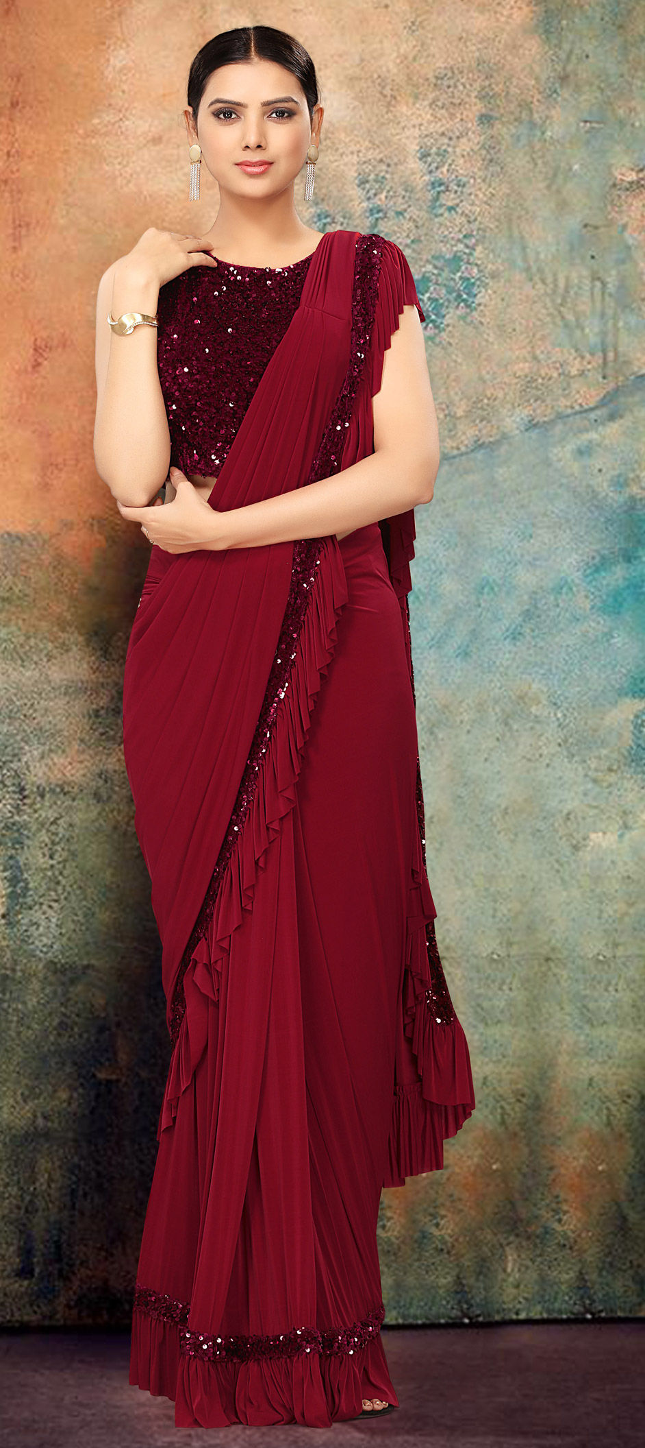 Engagement, Festive, Reception Red and Maroon color Lycra fabric ...