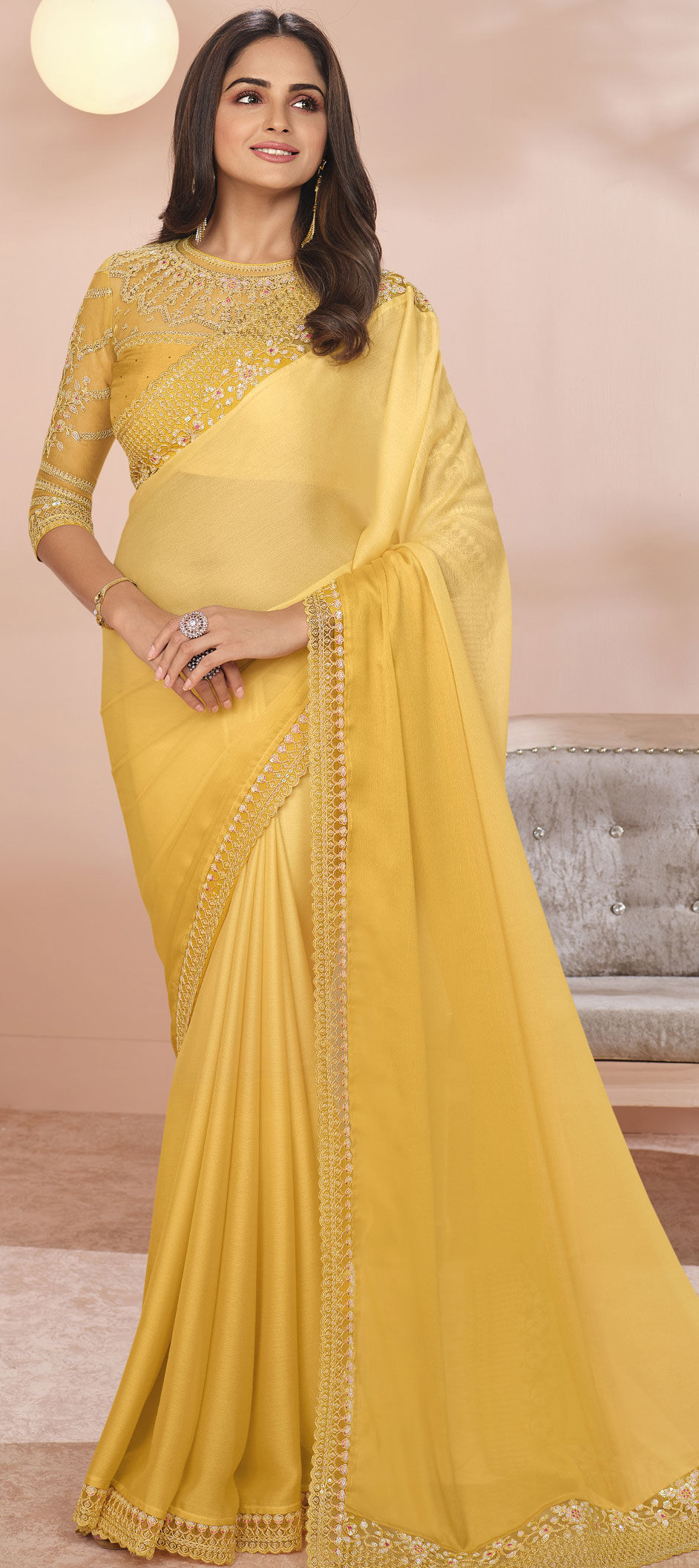 Bollywood Gold color Chiffon fabric Saree : 1822035