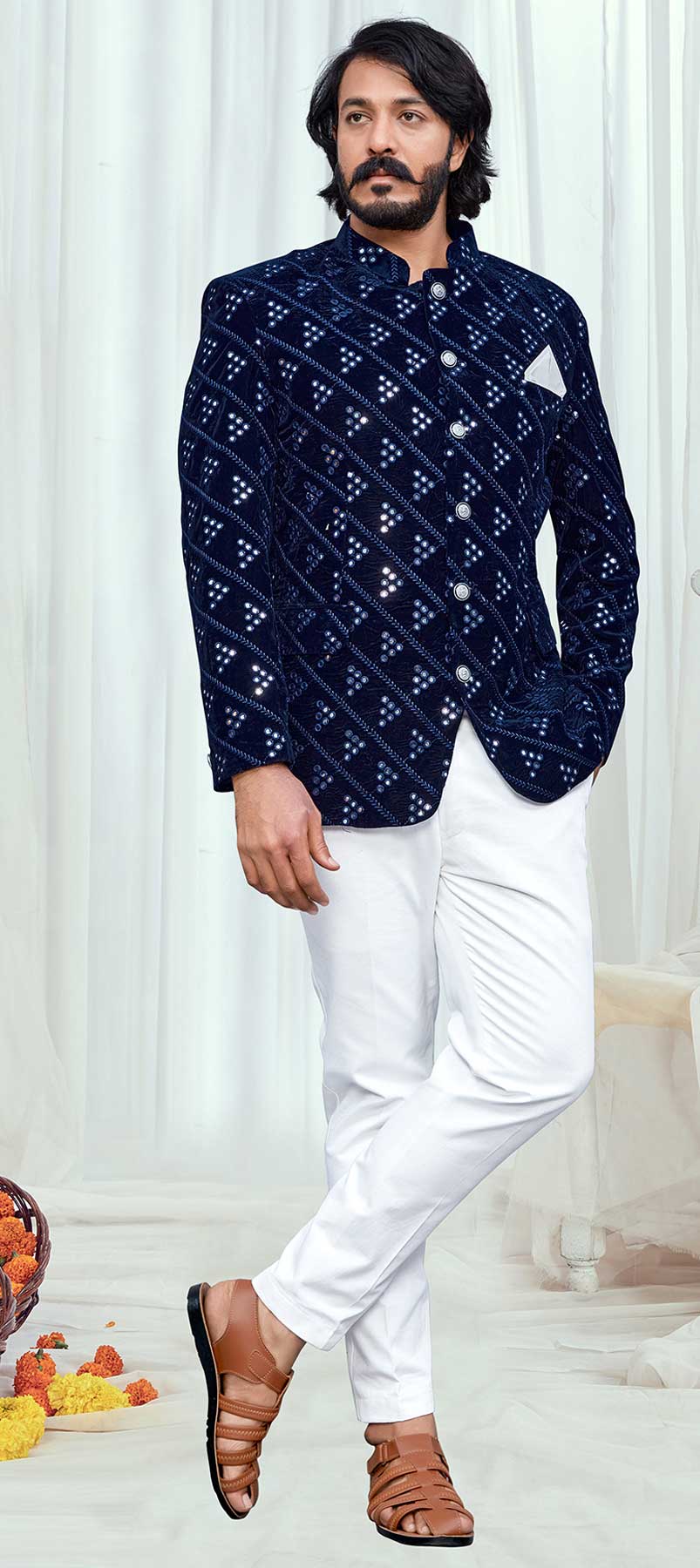 Blue color Velvet fabric Jodhpuri Suit : 1824503