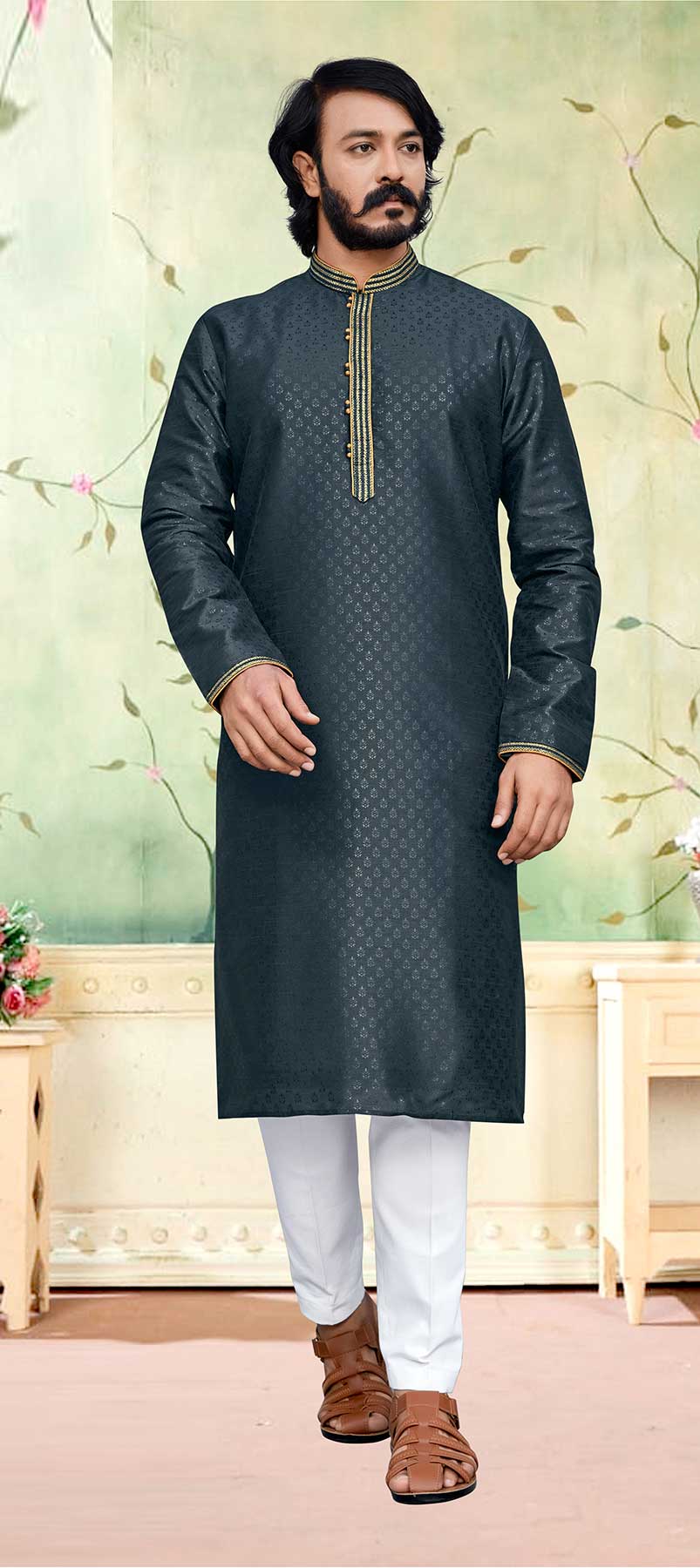 Black and Grey color Silk fabric Kurta Pyjamas : 1824617