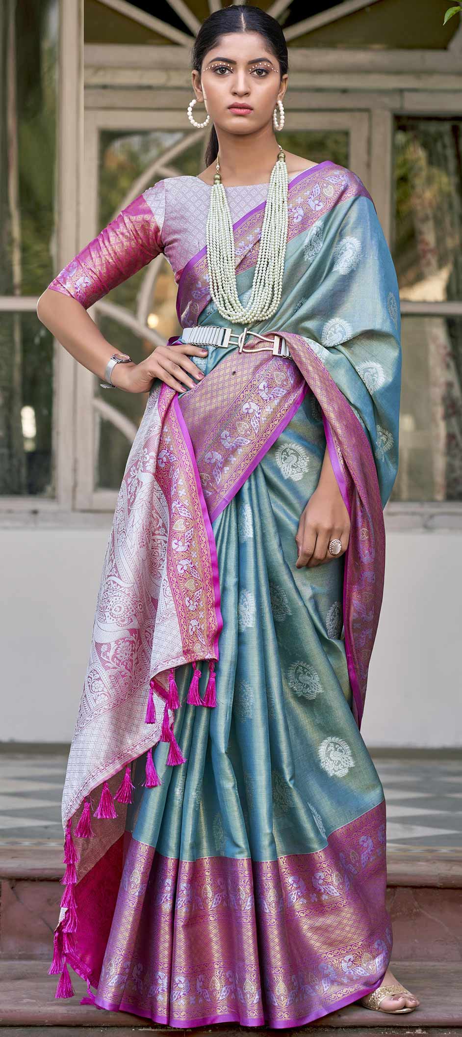 Festive, Reception, Traditional Blue color Tissue fabric Saree : 1847424