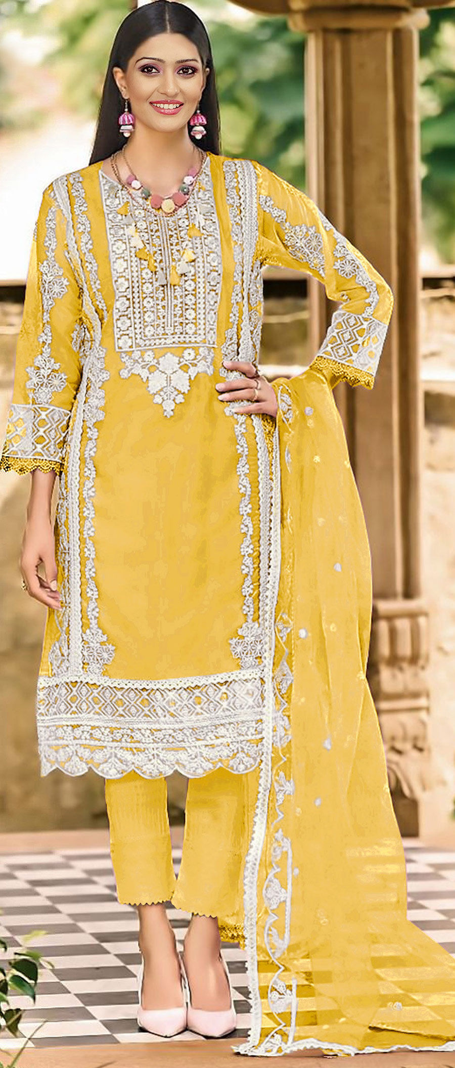 Party Wear Yellow color Organza Silk fabric Salwar Kameez : 1878647