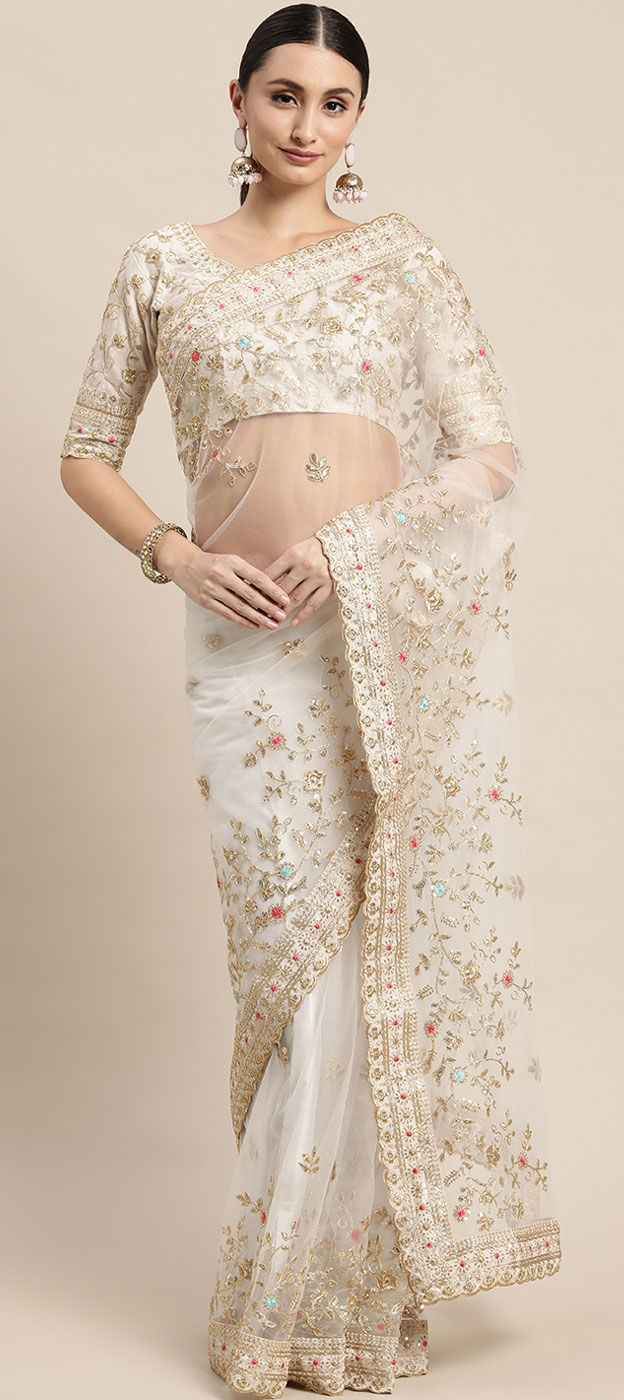 Party Wear, Reception White and Off White color Net fabric Saree : 1879618