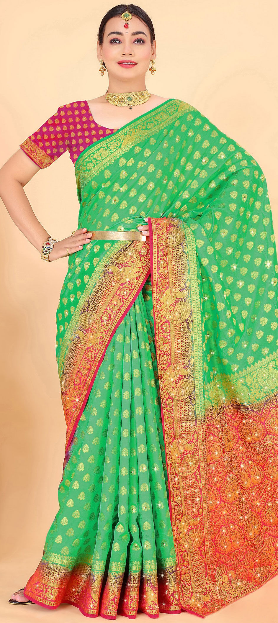 Party Wear, Traditional Green color Banarasi Silk fabric Saree : 1894883