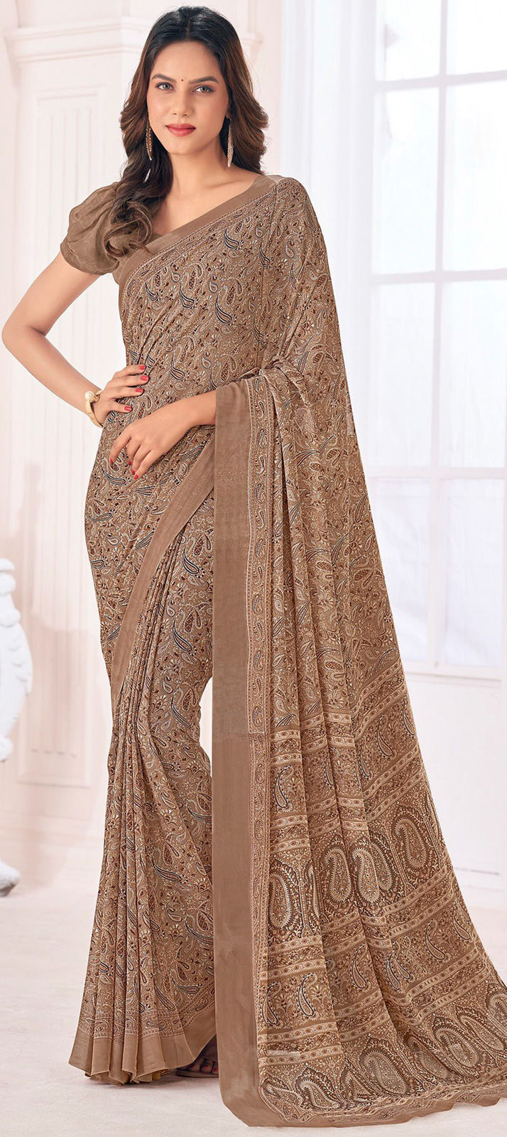 Casual, Party Wear Beige and Brown color Georgette fabric Saree : 1901640