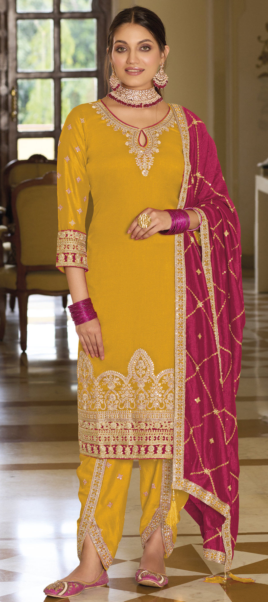 Designer, Mehendi Sangeet, Reception Yellow color Silk fabric Salwar ...
