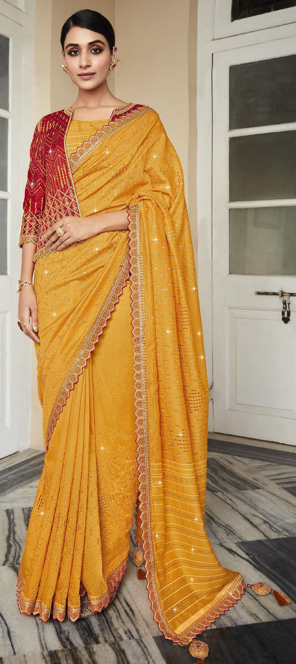 Party Wear, Reception, Wedding Yellow color Silk fabric Saree : 1915953