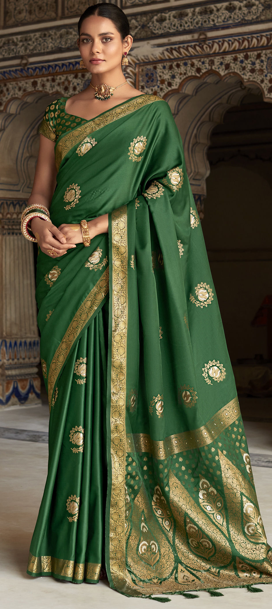 Festive, Traditional Green color Satin Silk fabric Saree : 1922497