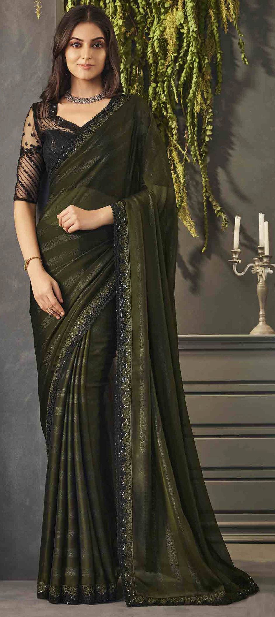 Engagement, Reception, Wedding Green color Chiffon fabric Saree : 1925363