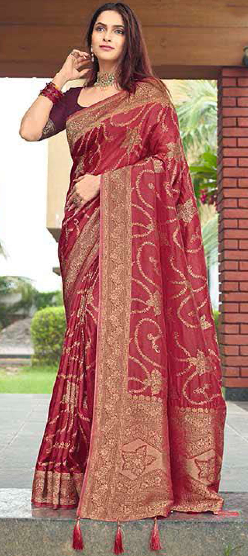 Festive, Party Wear, Traditional Red and Maroon color Silk fabric Saree : 1927334