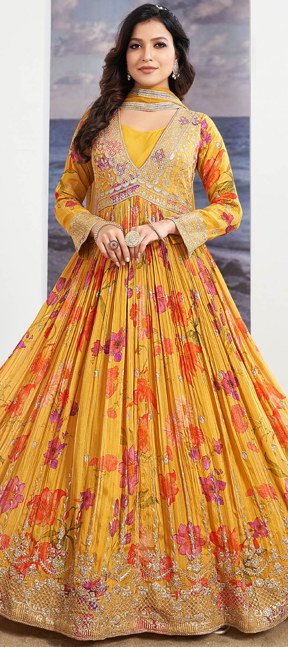 Designer, Festive, Reception Yellow color Silk fabric Gown : 1931370