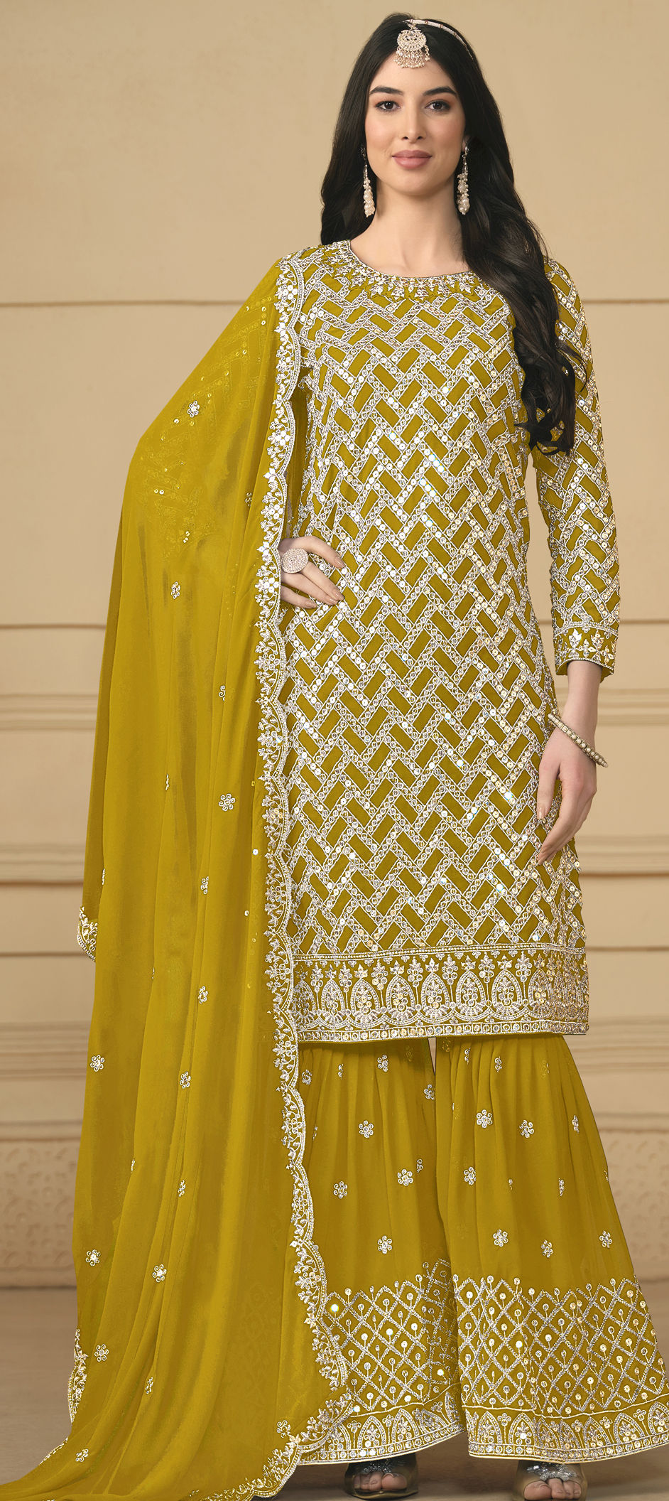 Festive, Party Wear, Reception Yellow color Faux Georgette fabric ...