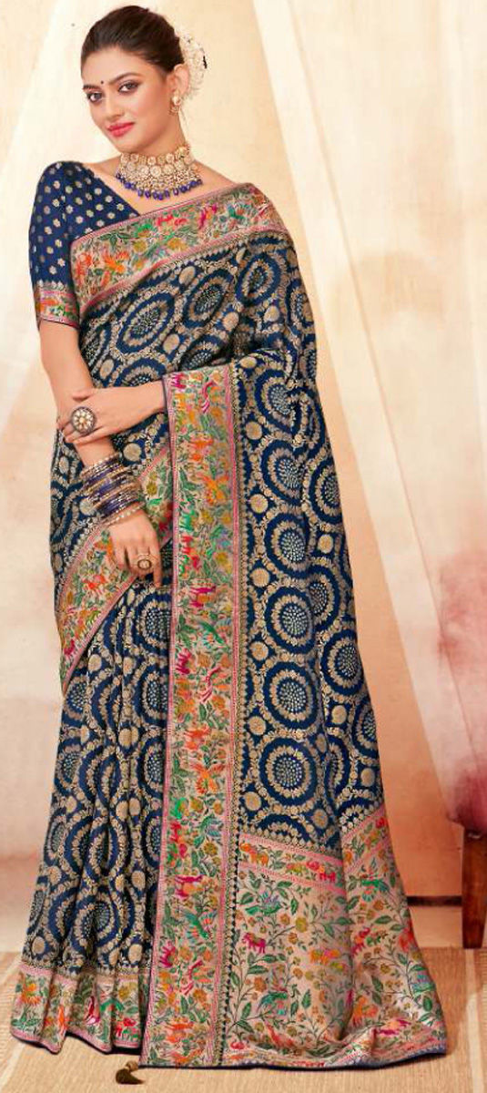 Engagement, Reception, Wedding Blue color Silk fabric Saree : 1943721