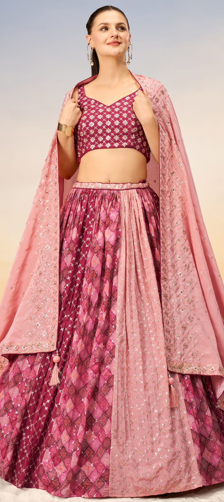 Bridal, Wedding Pink and Majenta color Chiffon fabric Lehenga : 1952263