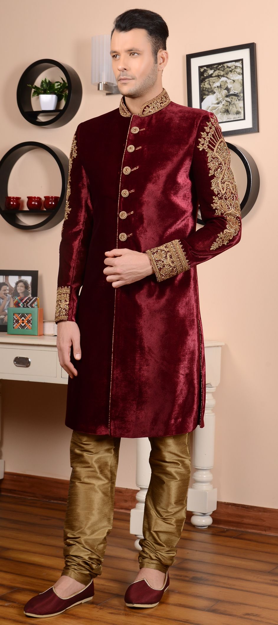 508243: Red and Maroon color Velvet fabric Sherwani