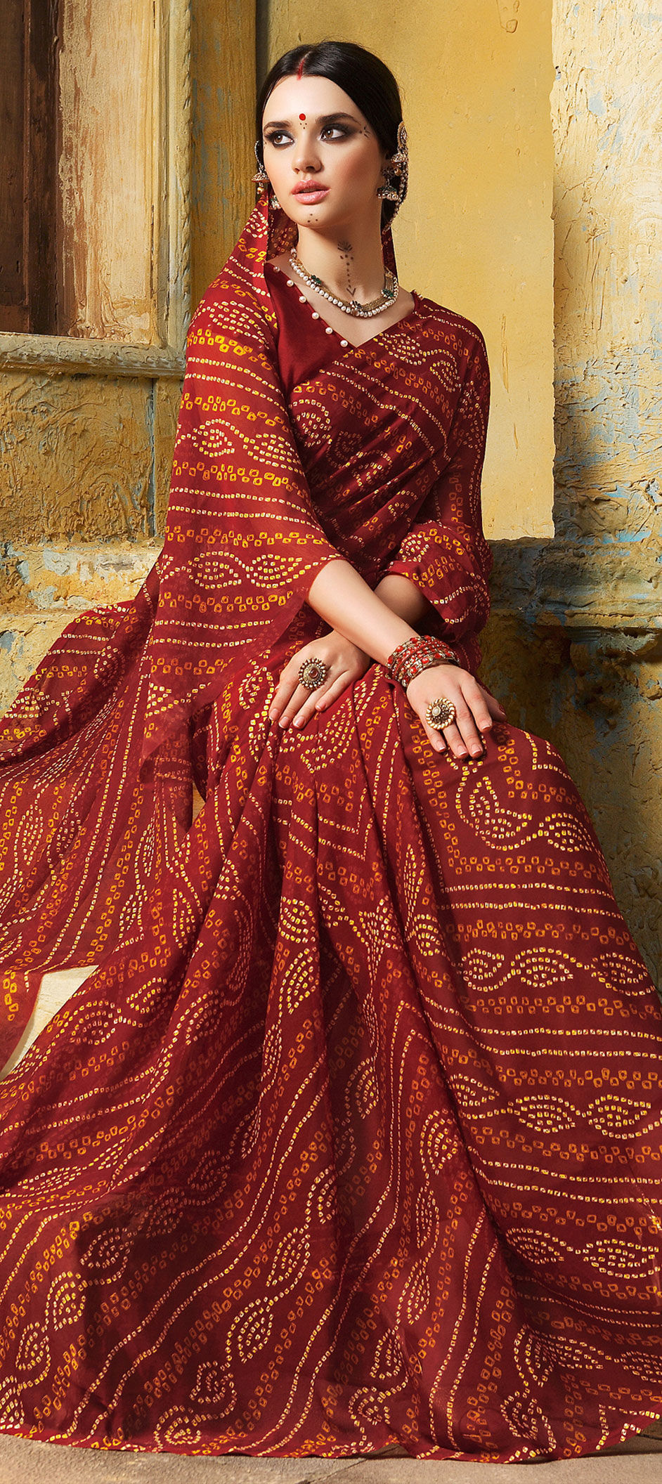 706437: Red and Maroon color family Bandhej Sarees, Printed Sarees ...