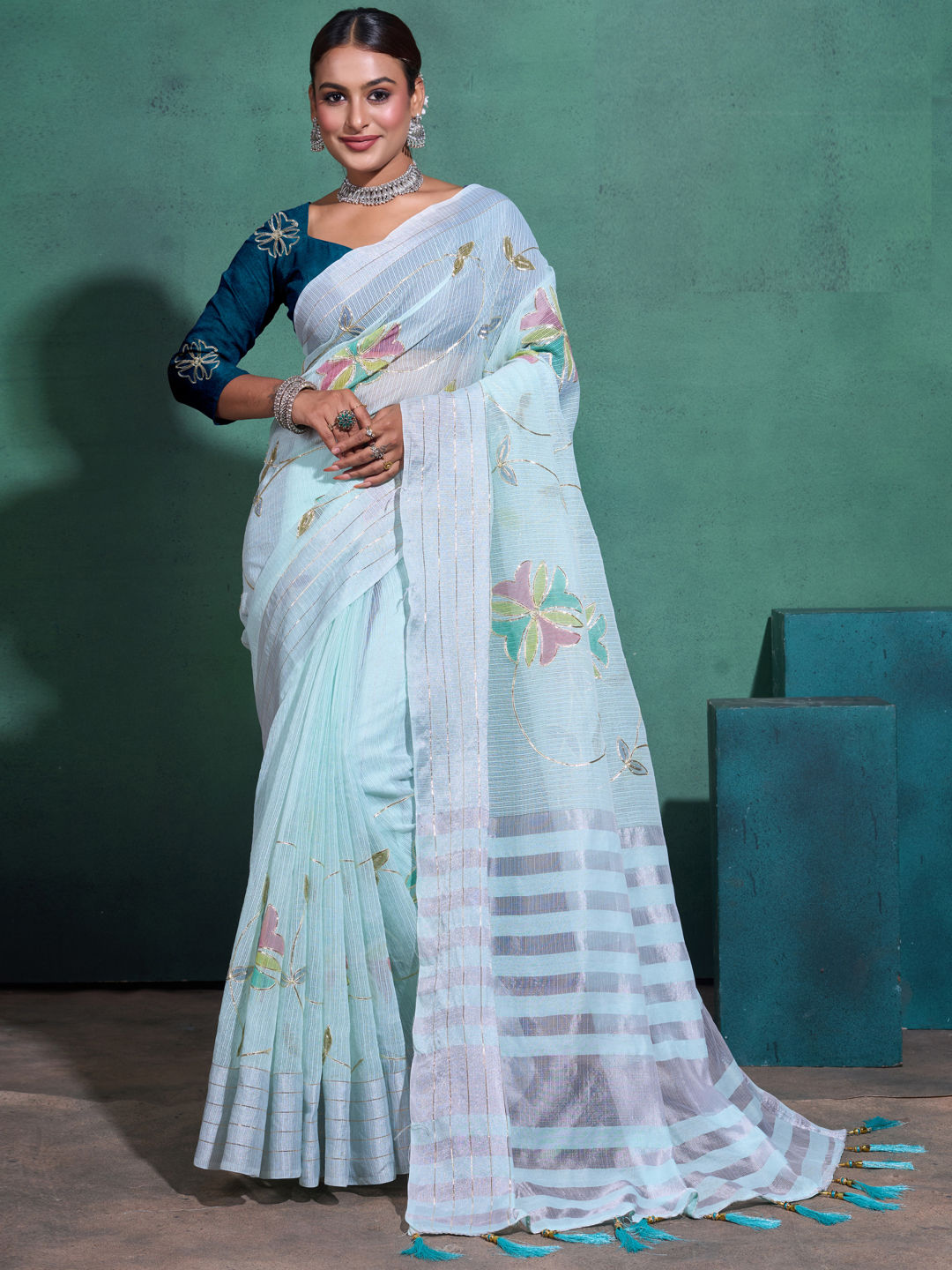 Festive, Traditional Blue color Linen fabric Saree : 1952811