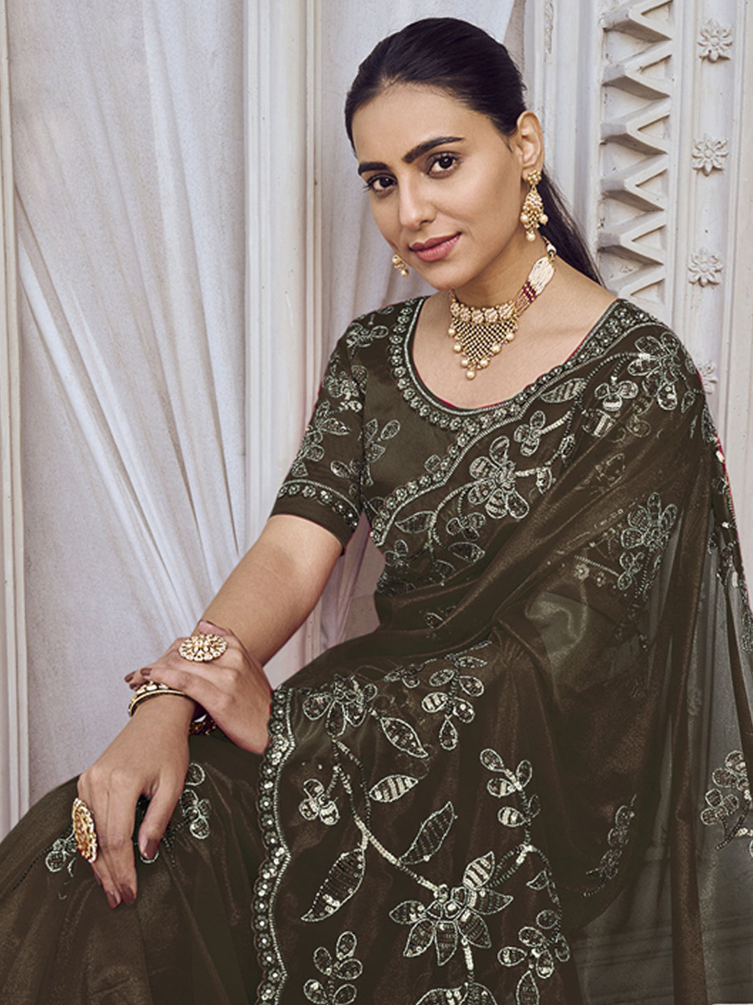 Engagement, Festive, Reception Black and Grey color Net fabric Saree ...