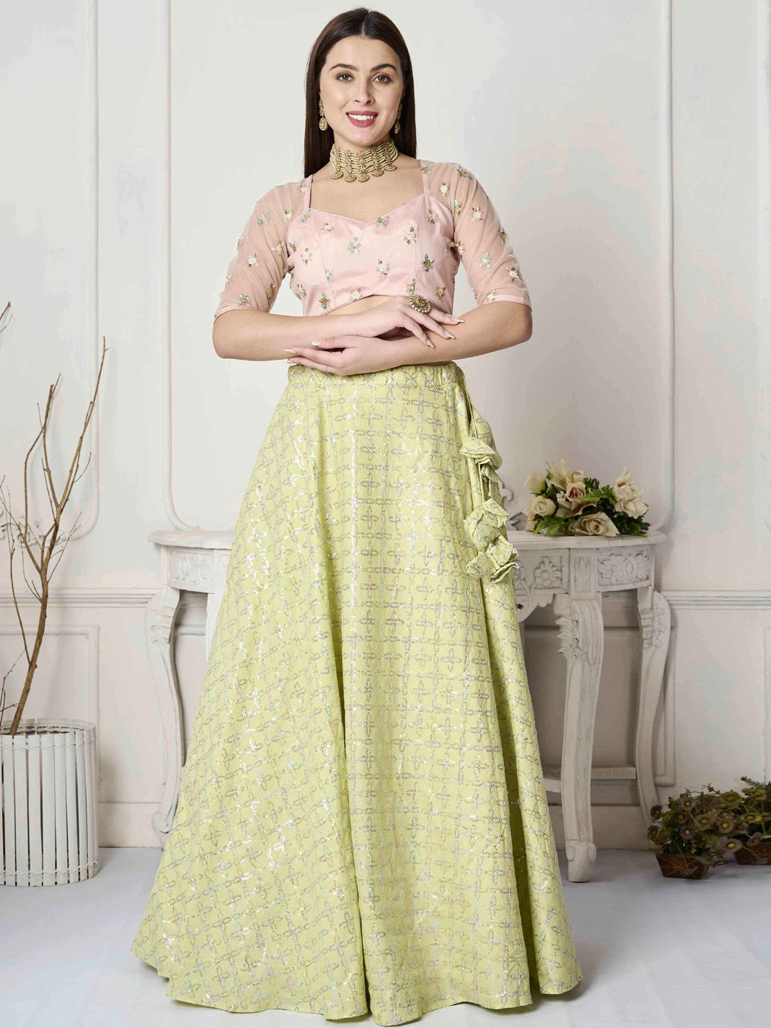Engagement, Reception, Wedding Green color Cotton fabric Ready to Wear Lehenga : 1954847