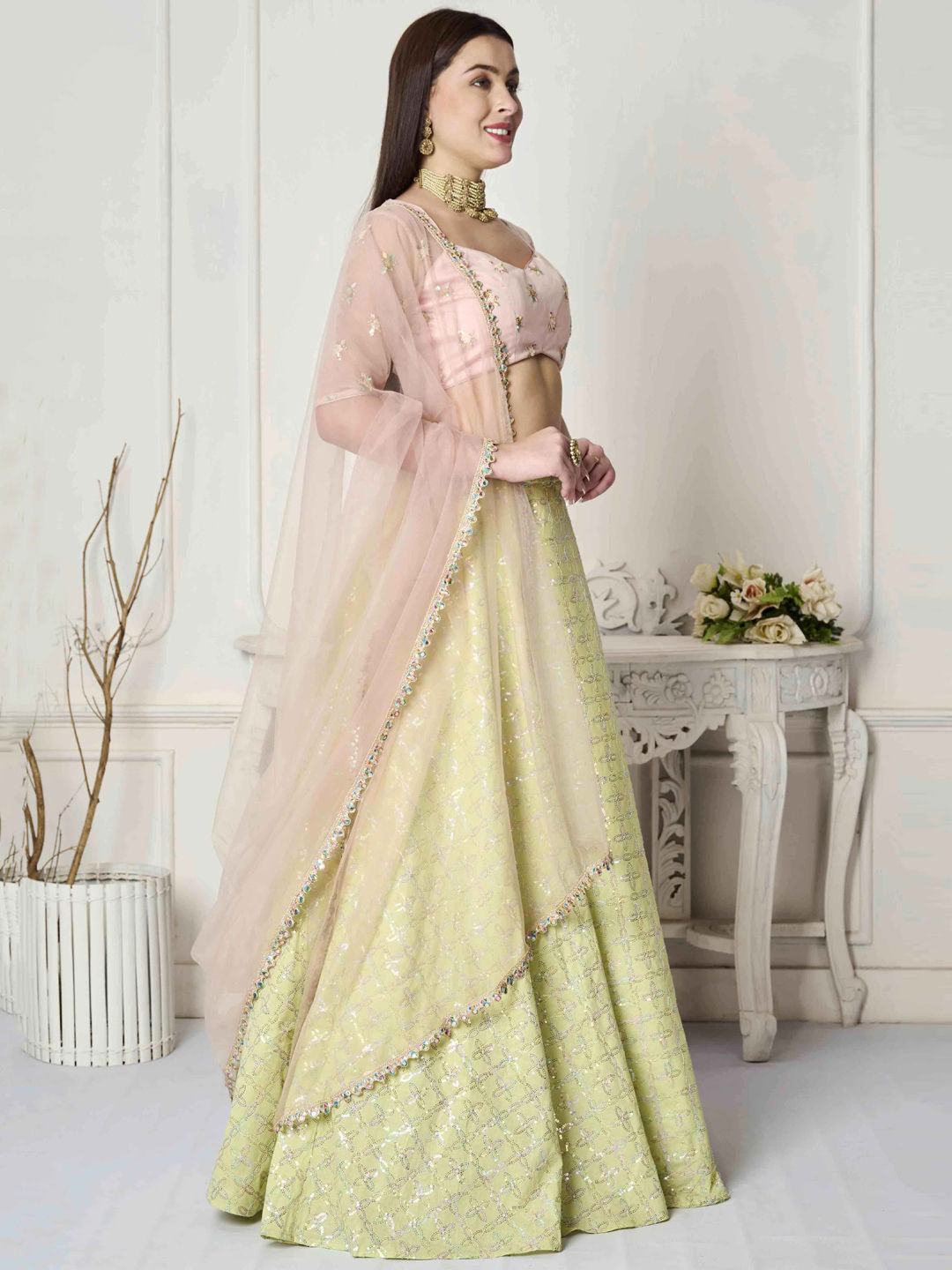 Engagement, Reception, Wedding Green color Cotton fabric Ready to Wear Lehenga : 1954847