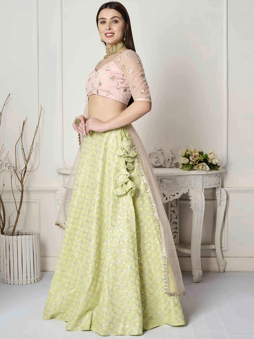 Engagement, Reception, Wedding Green color Cotton fabric Ready to Wear Lehenga : 1954847