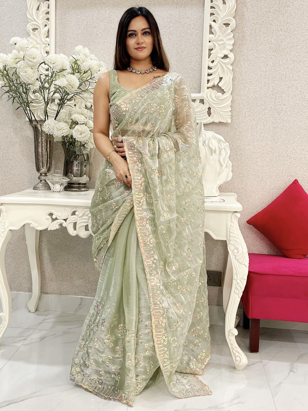Festive, Traditional, Wedding Green color Organza Silk fabric Saree ...
