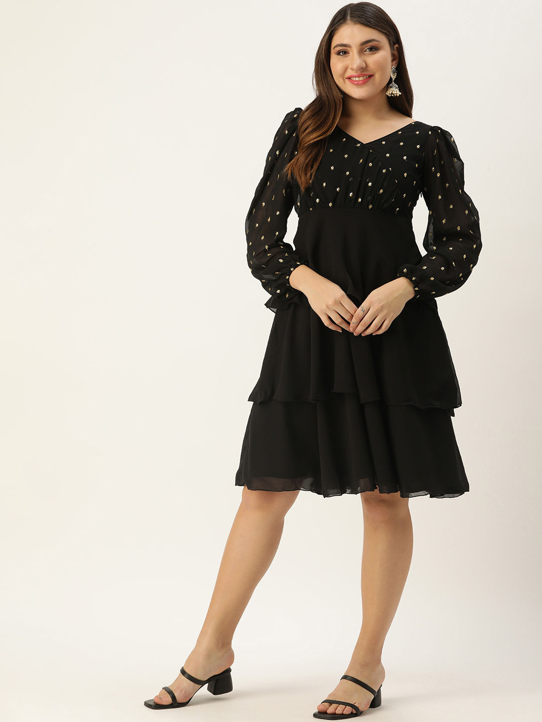 Party Wear Black and Grey color Georgette fabric Dress : 1957380