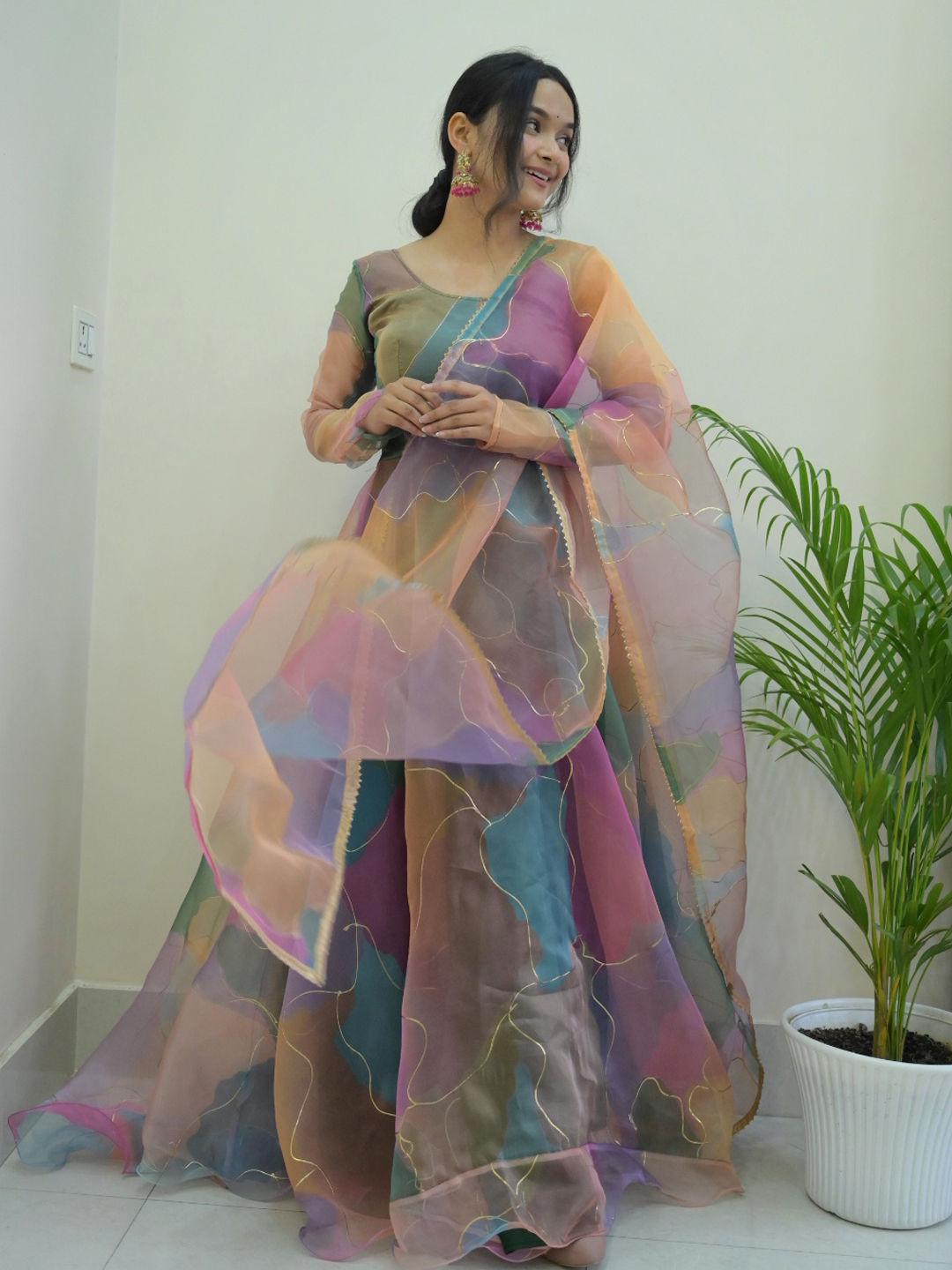 Party Wear, Reception Multicolor color Organza Silk fabric Gown : 1977996