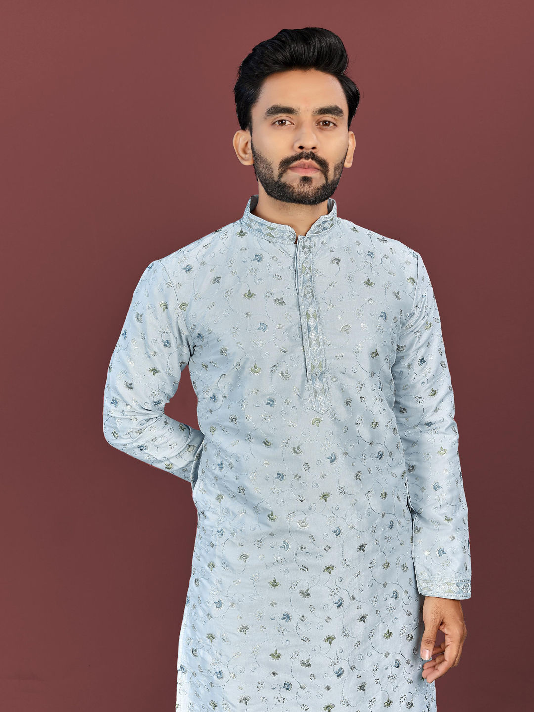 Festive, Traditional Blue color Silk fabric Kurta Pyjamas : 1995437