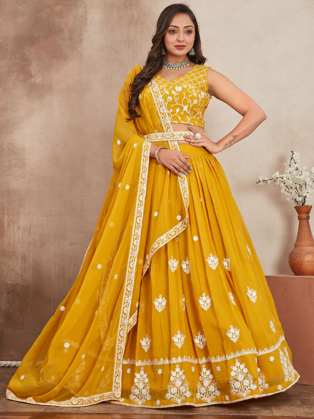 Festive, Reception, Wedding Yellow color Georgette fabric Lehenga : 2002988