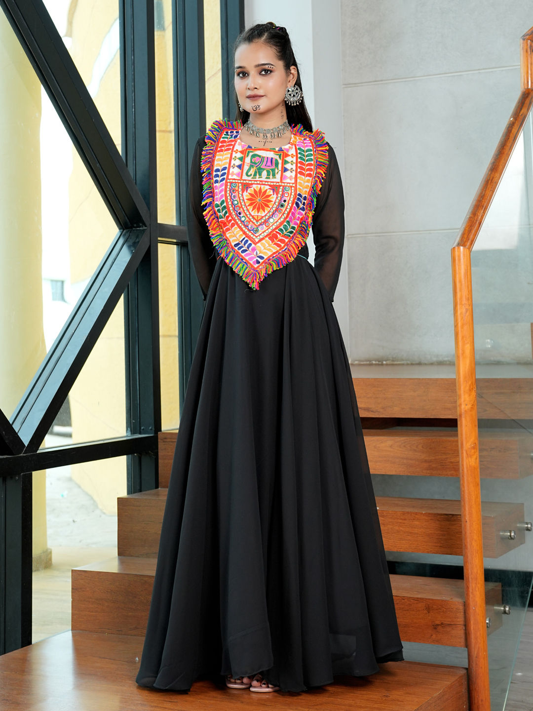 Festive, Navratri Black and Grey color Georgette fabric Gown : 2024519