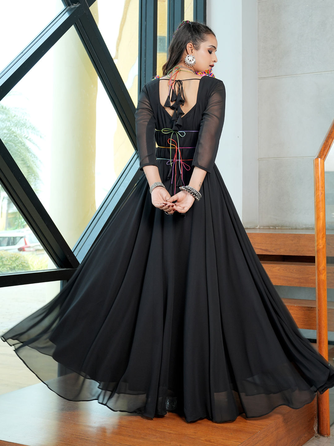 Festive, Navratri Black and Grey color Georgette fabric Gown : 2024519